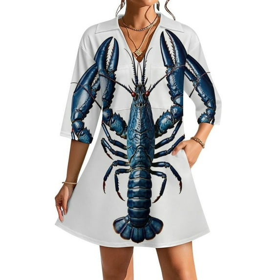 Blue Lobster Illustration Womens Dress With Pockets Summer V Neck 3/4 ...