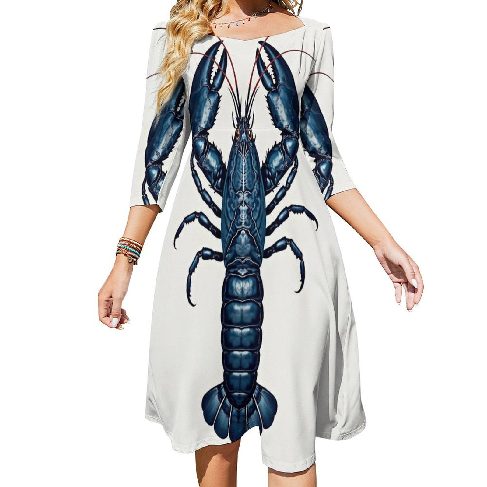 Blue Lobster Illustration Womens Summer Dress Tie Back A Line Flare ...
