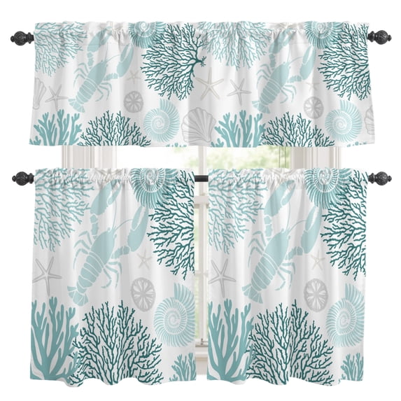 Blue Lobster Kitchen Curtains Set for Windows, Ocean Starfish Blue ...