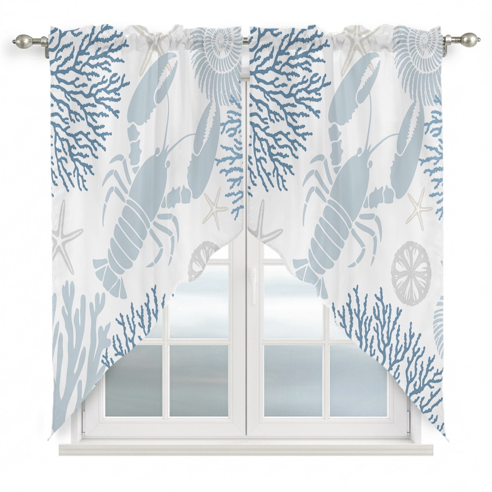 Blue Lobster Swag Curtain Valance for Window 2 Panels Ocean Starfish ...