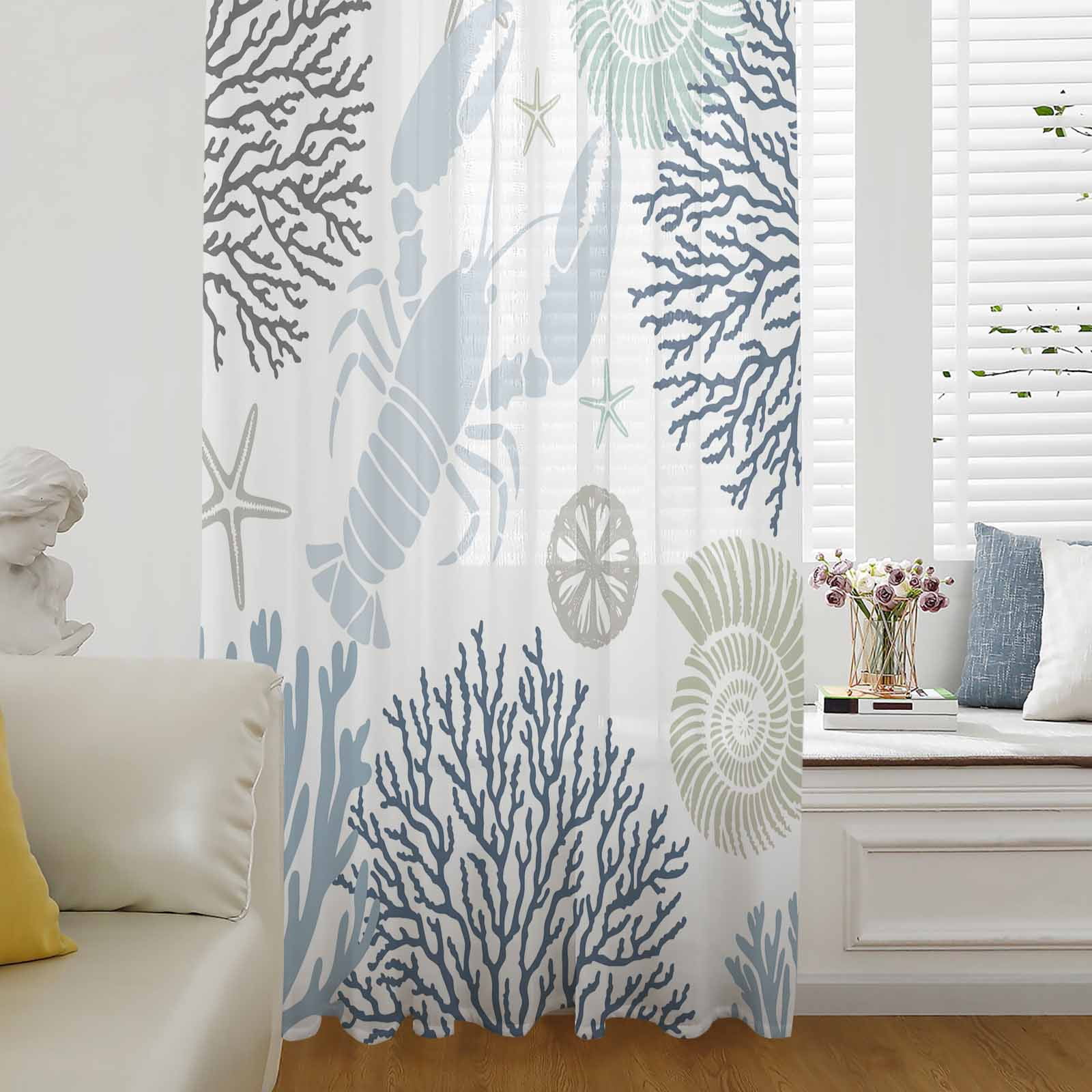 Blue Lobster Window Curtain 45 Inches Long,Ocean Aqua Coral Coastal ...
