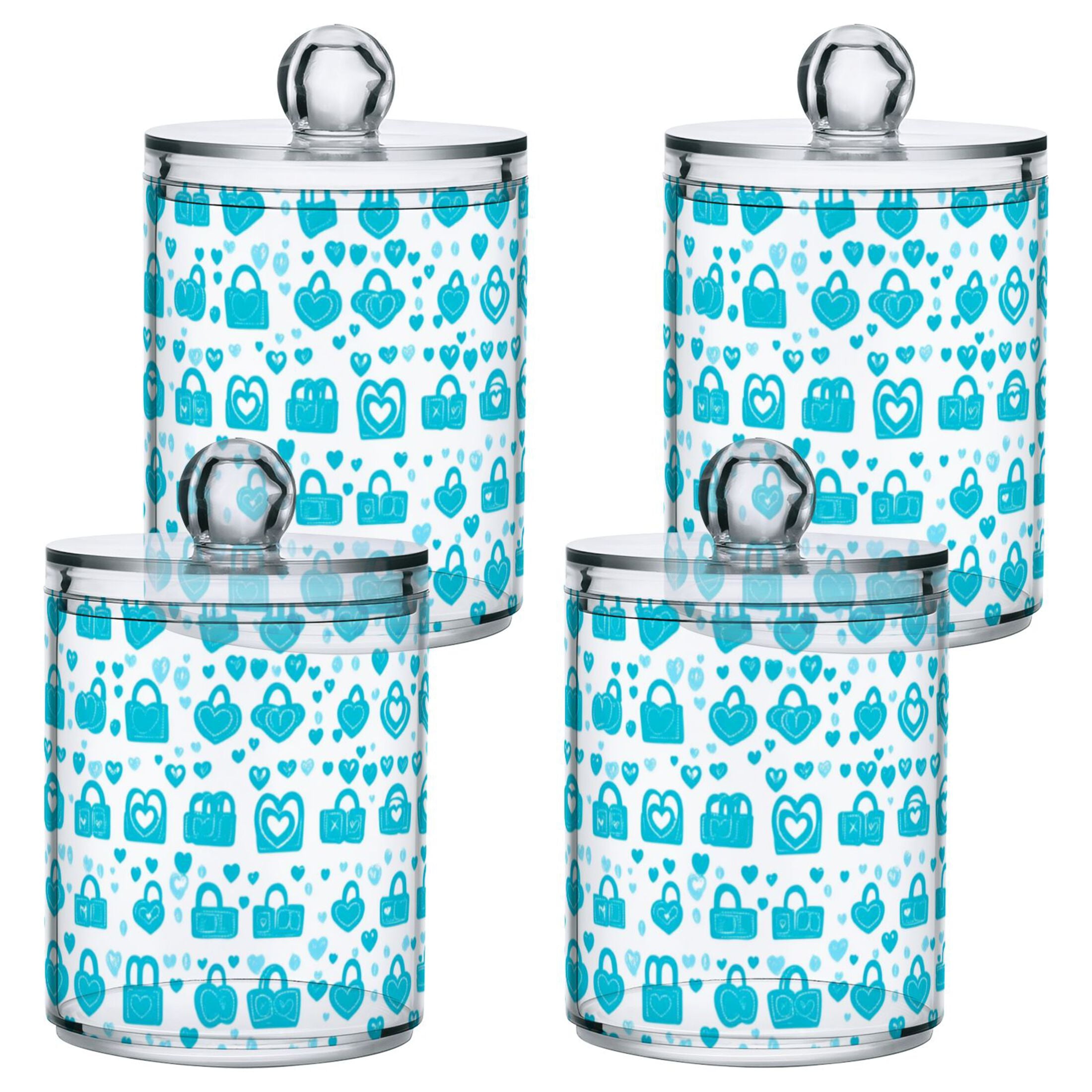 Blue Lock and Heart Pattern Bathroom Canisters Set of 4 Translucent ...