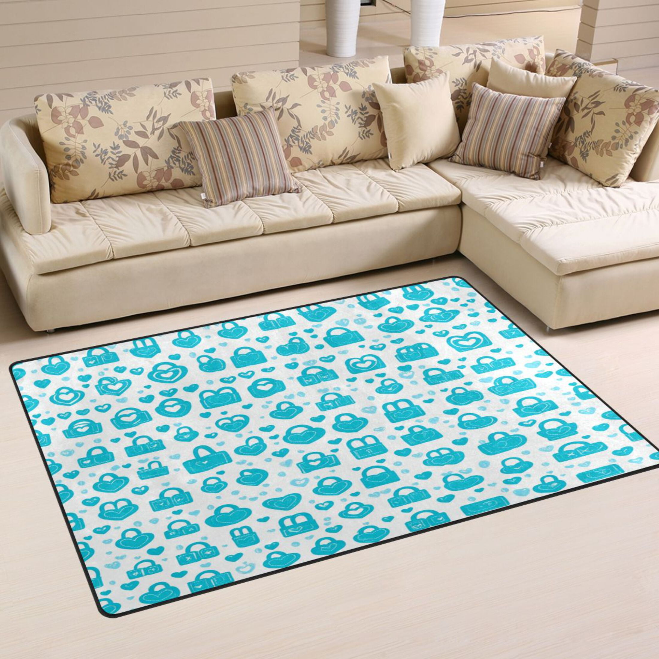 Blue Lock and Heart Pattern Soft Polyester Area Rug 60''x39'', Non Slip ...