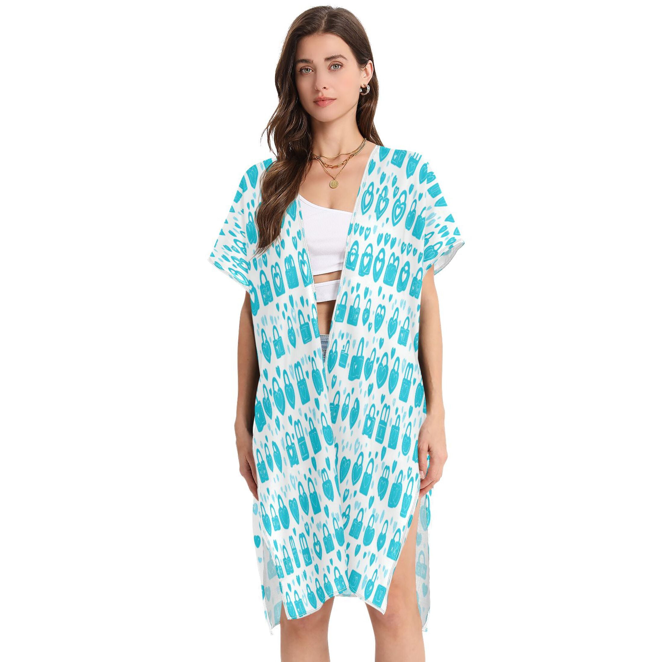 Blue Lock and Heart Pattern Women's Swimwear Cover Up Summer Cardigan ...
