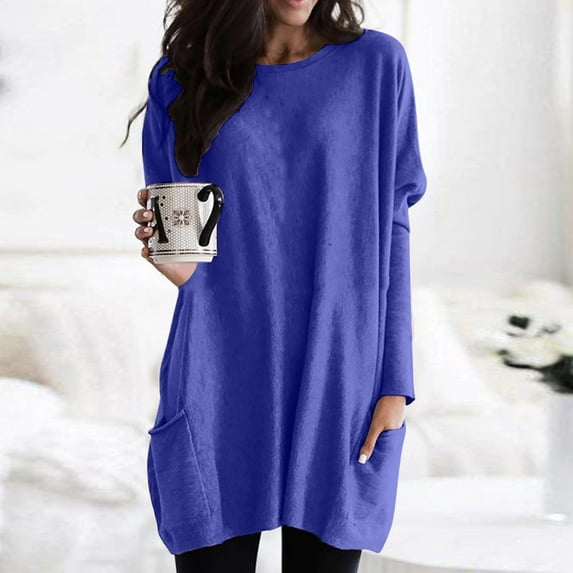 Blue Long Sleeve Shirts for Women's Round Neck Long Sleeve Tops Plus ...