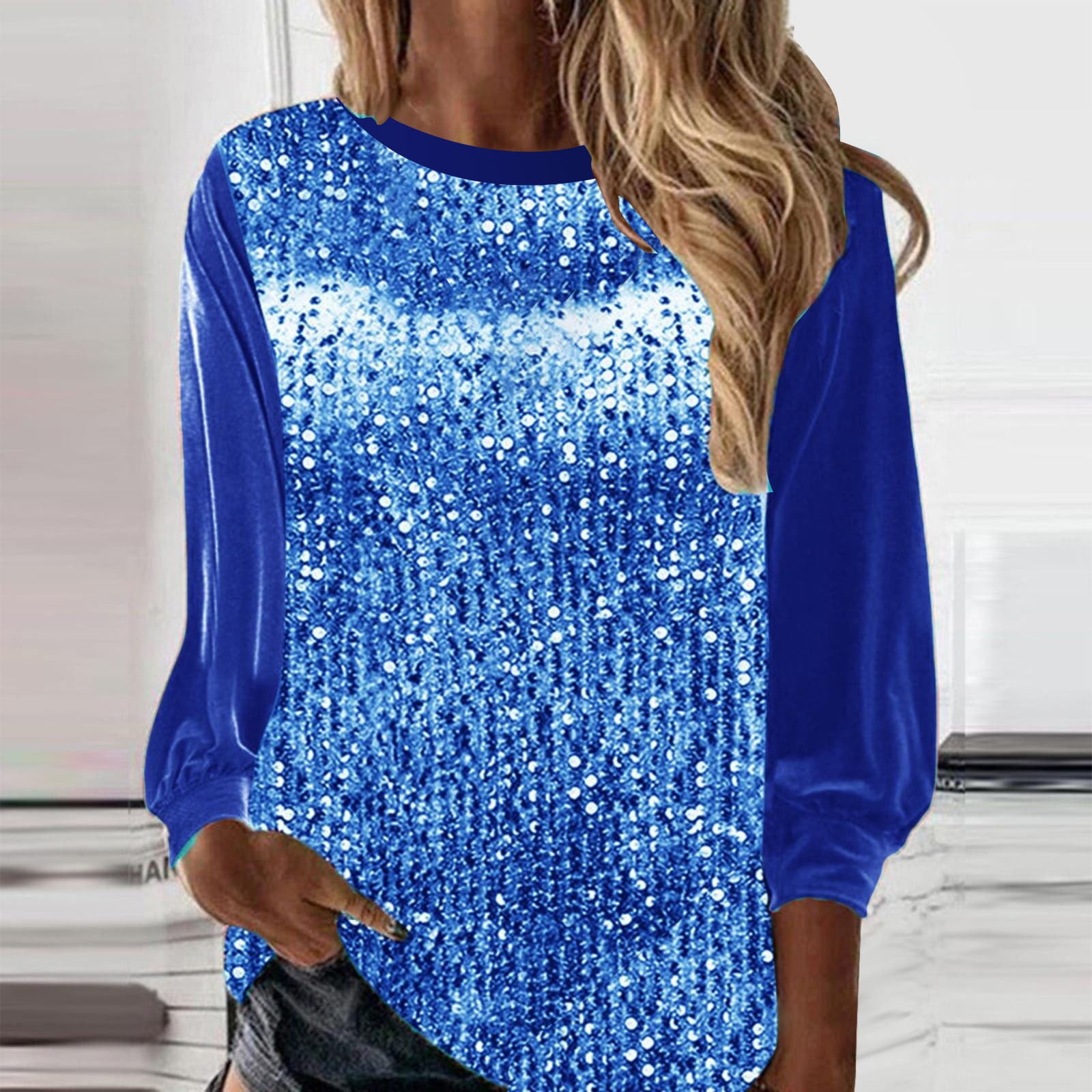 Blue Long Sleeve Shirts for Women Sequin Tops for Women 2026 Fashion ...