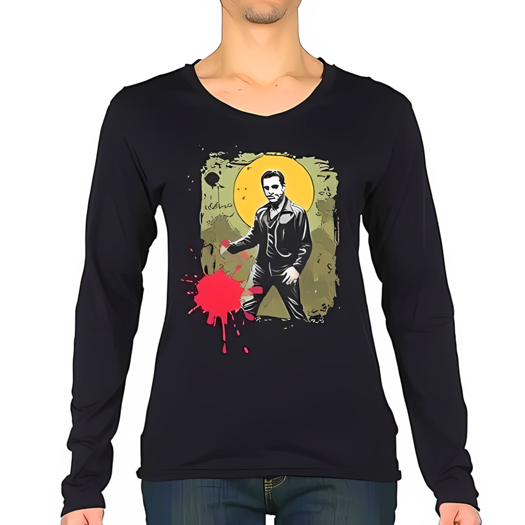 Blue Long Sleeve T-Shirt with Edgy Vintage Graphic Portrait & Red ...