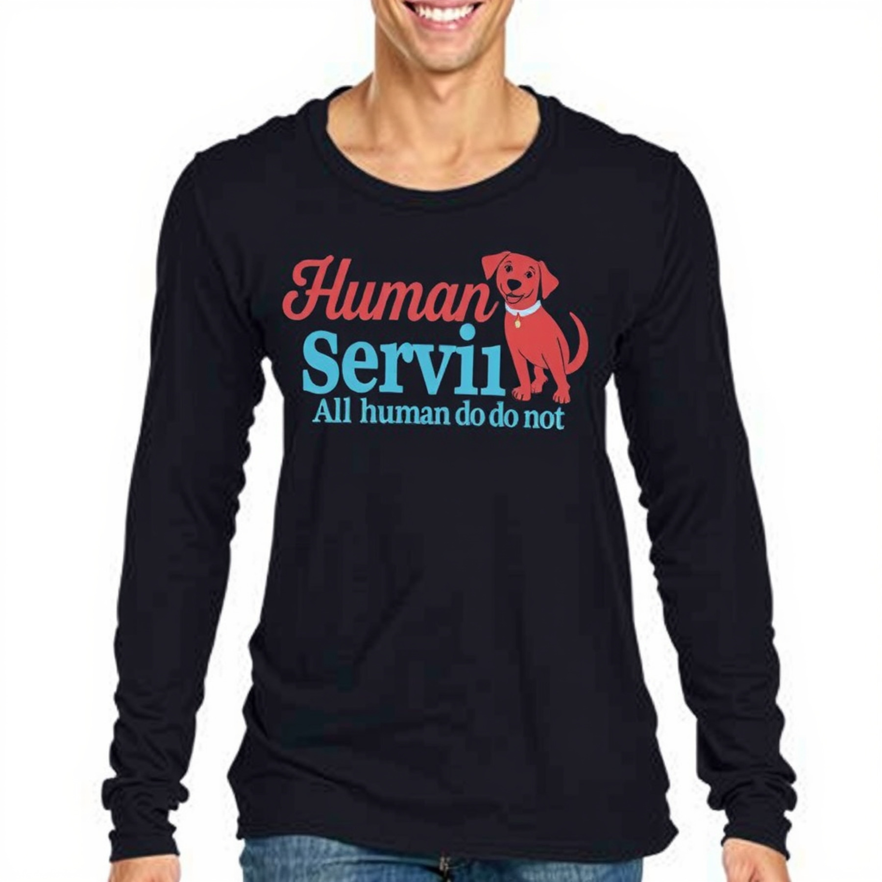 Blue Long Sleeve T-Shirt with Red Cartoon Dog Graphic Human Servi ...