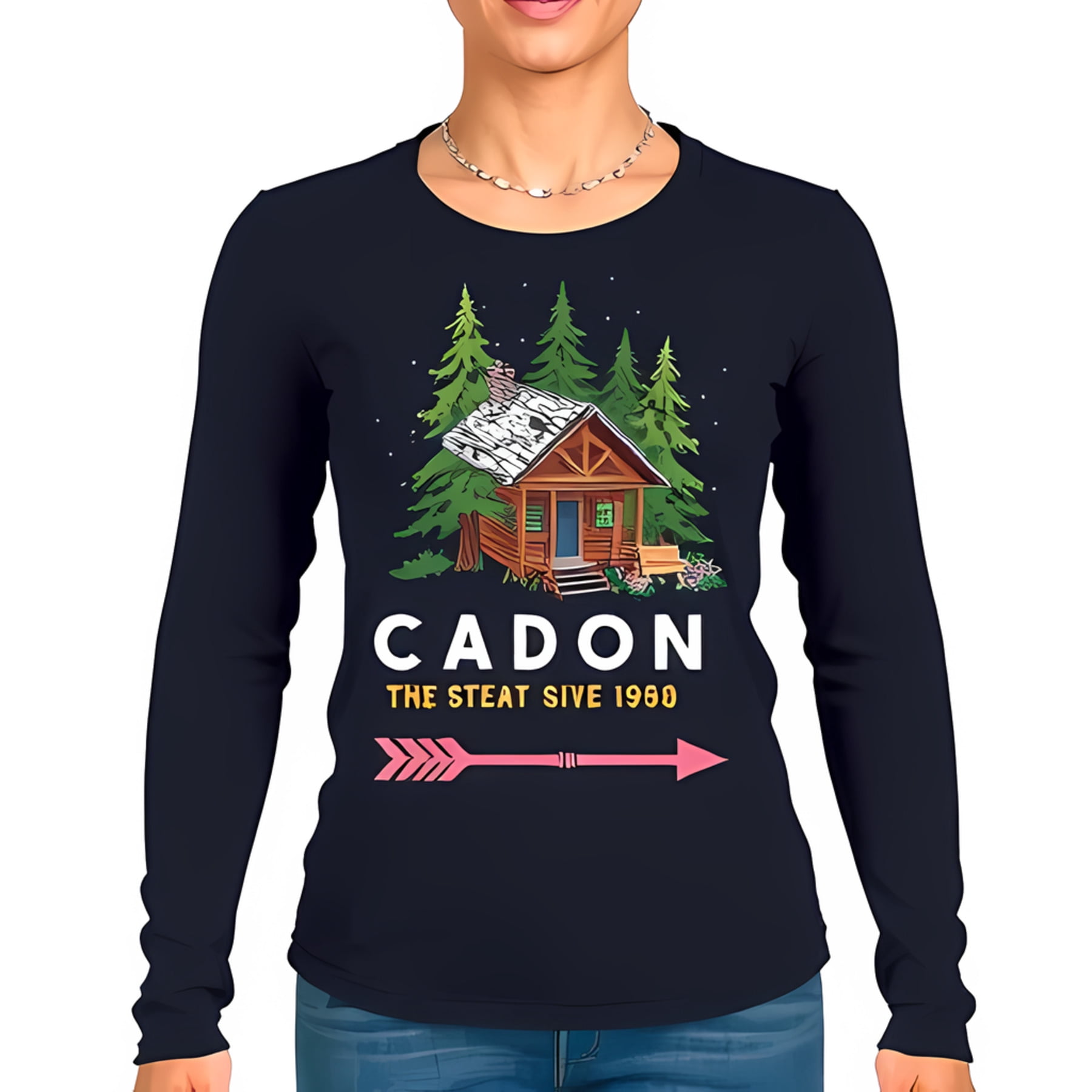 Blue Long Sleeve T-Shirt with Rustic Cabin Illustration 'CADON' & 'THE ...