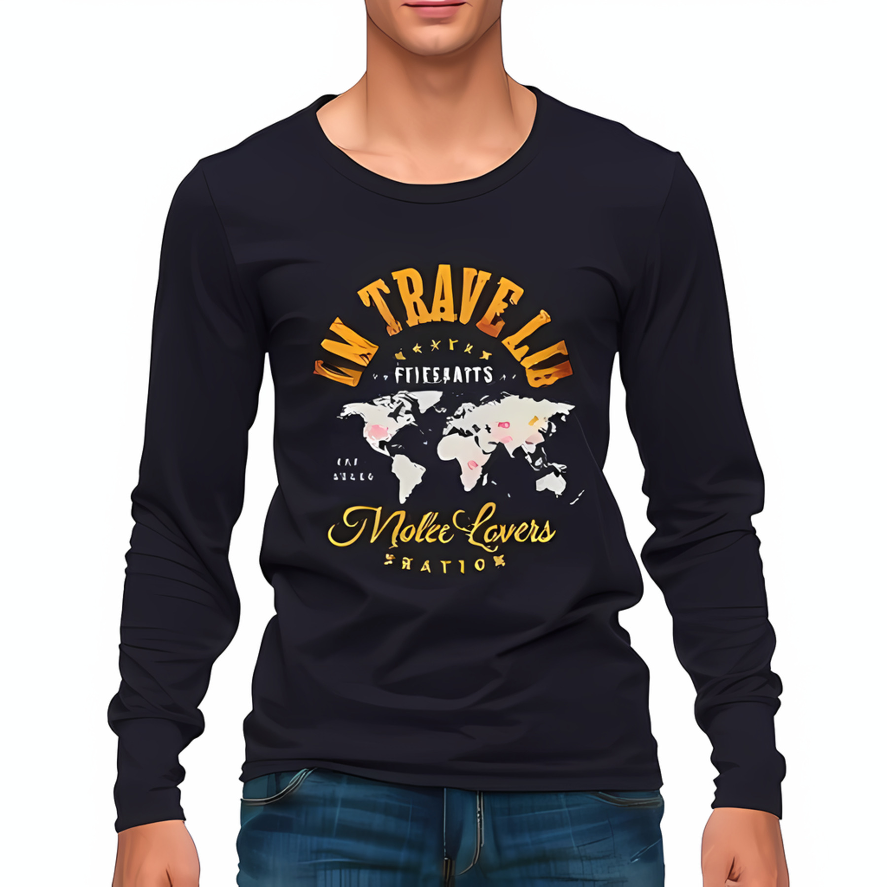 Blue Long Sleeve T-Shirt with Vintage World Map Graphic - Travel Club ...