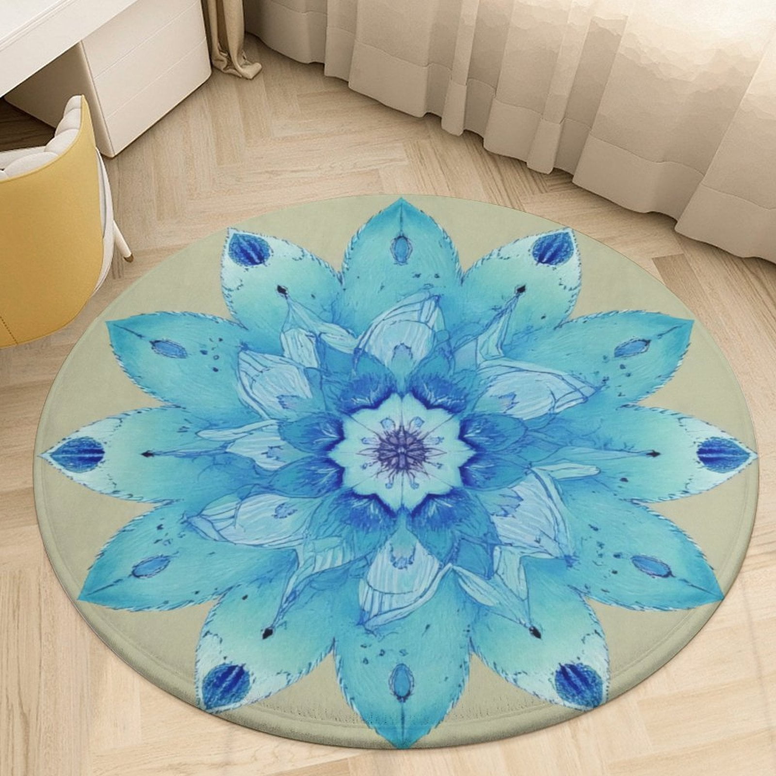 Blue Lotus Mandala Art Round Area Rugs for Bedroom Living Room, 5FT ...