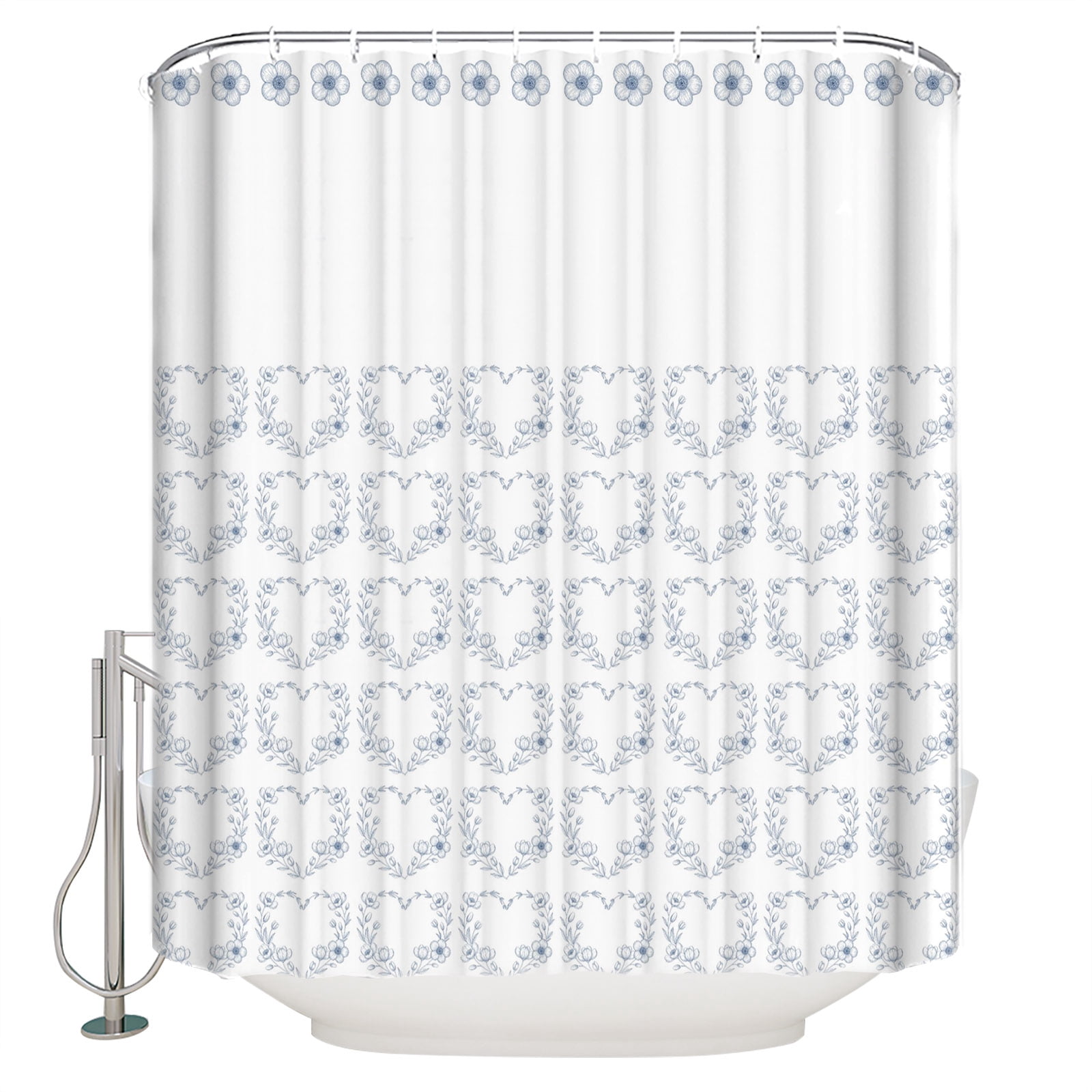 Blue Love Floral Bathroom Shower Curtains with 12 Hooks Polyester ...