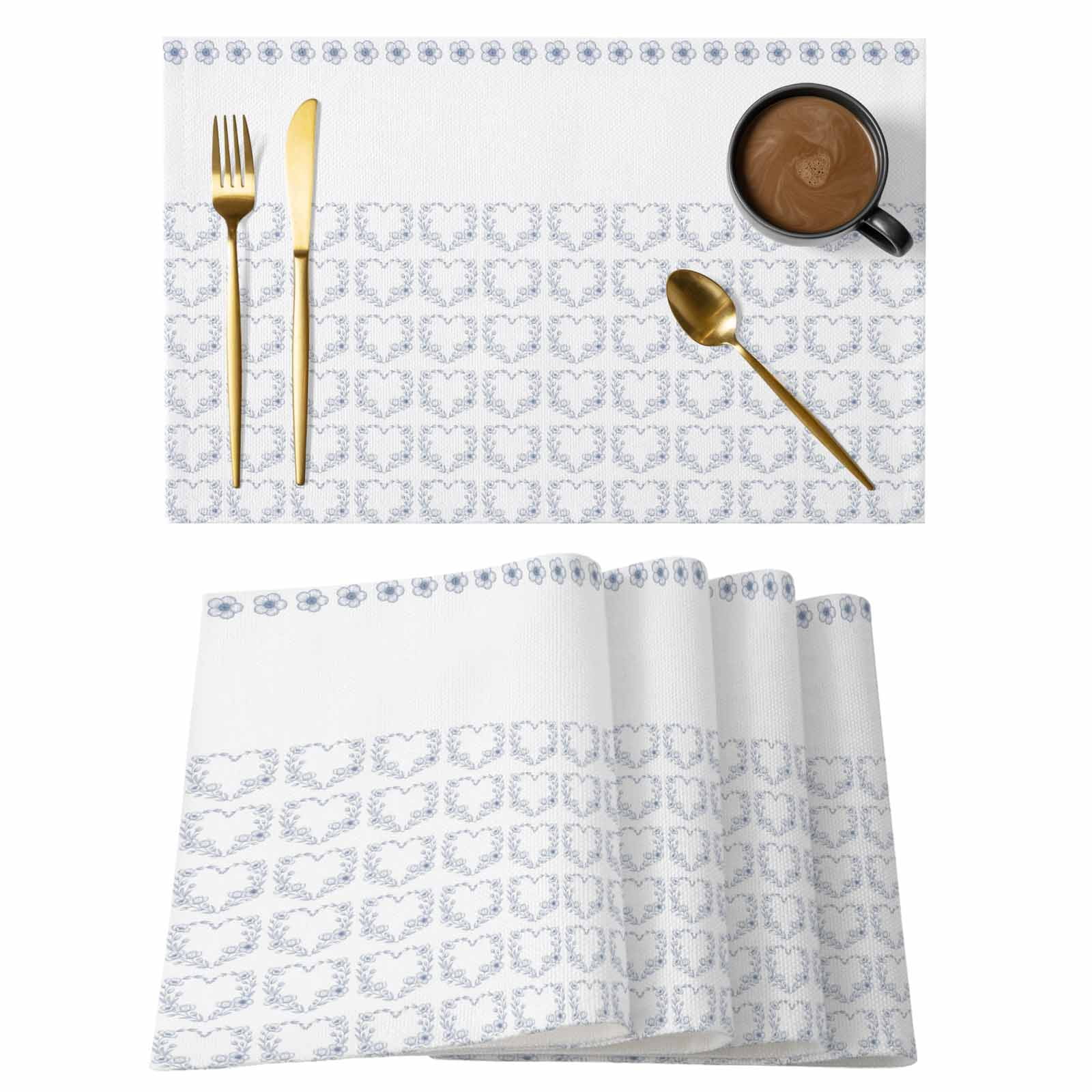 Blue Love Floral Placemats Set of 6 Heart Flowers Neatly Arranged Line ...