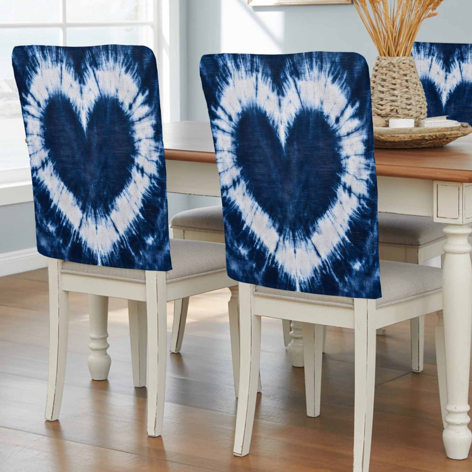 Blue Love Heart Chair Back Covers, Boho Ethnic Modern Funny Tie Dye Art ...