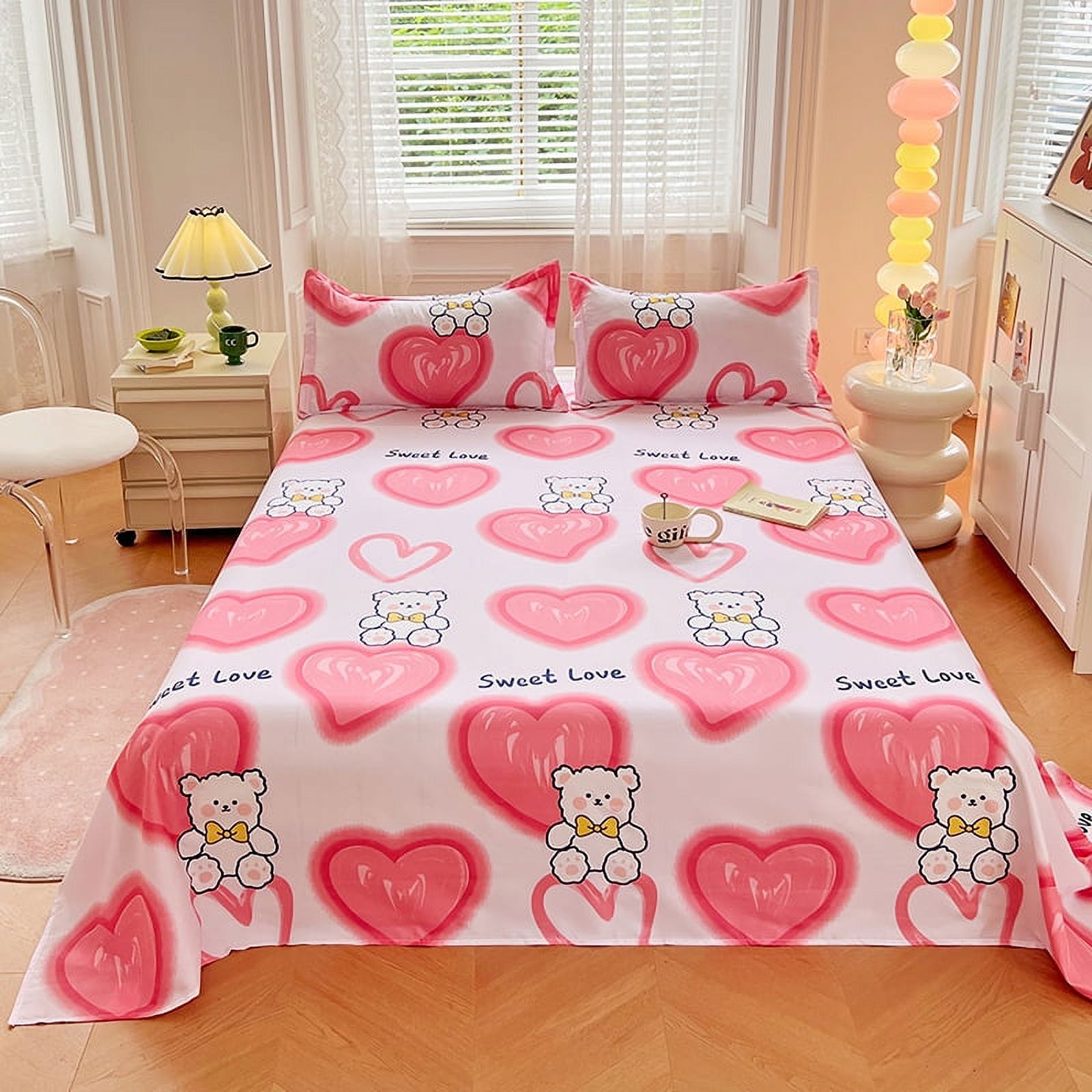 Blue Love Heart Flat Sheet Cute Bear Bed Sheets Soft Bed Linen for Home ...