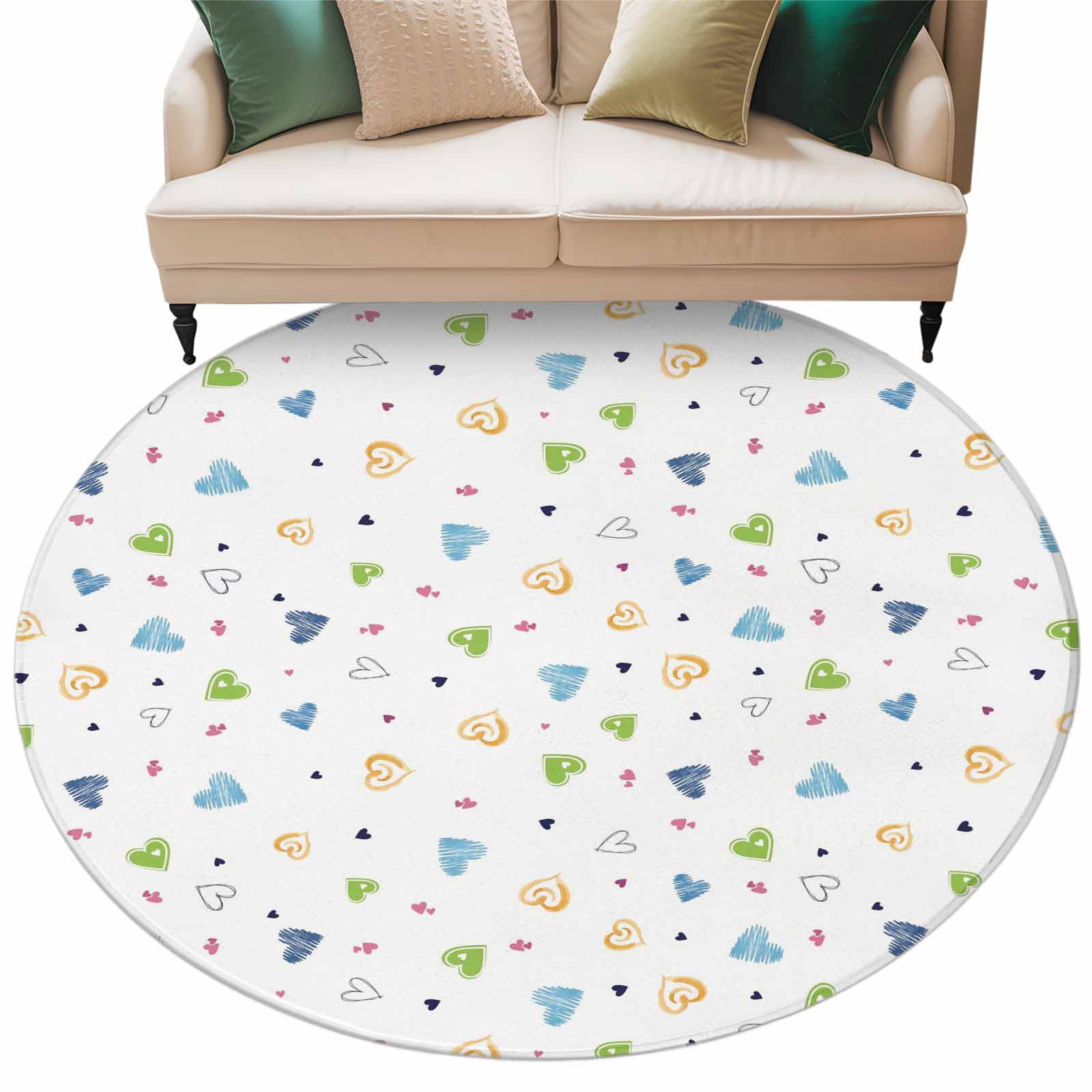 Blue Love Heart Round Rug 5ft Washable Circle Kitchen Rugs Non Slip ...