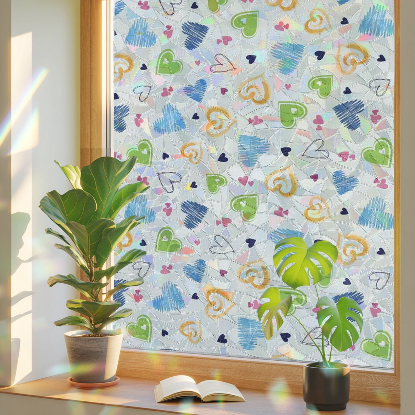 Blue Love Heart Window Privacy Film Rainbow Static Cling Stain Glass ...