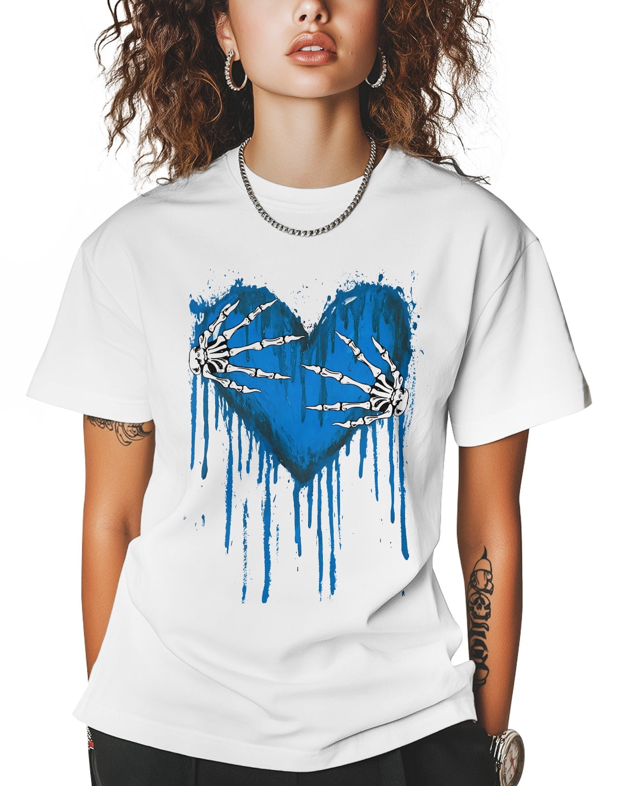Blue Love Skeleton Hand T Shirts for Women Short Sleeve Cotton Crewneck ...
