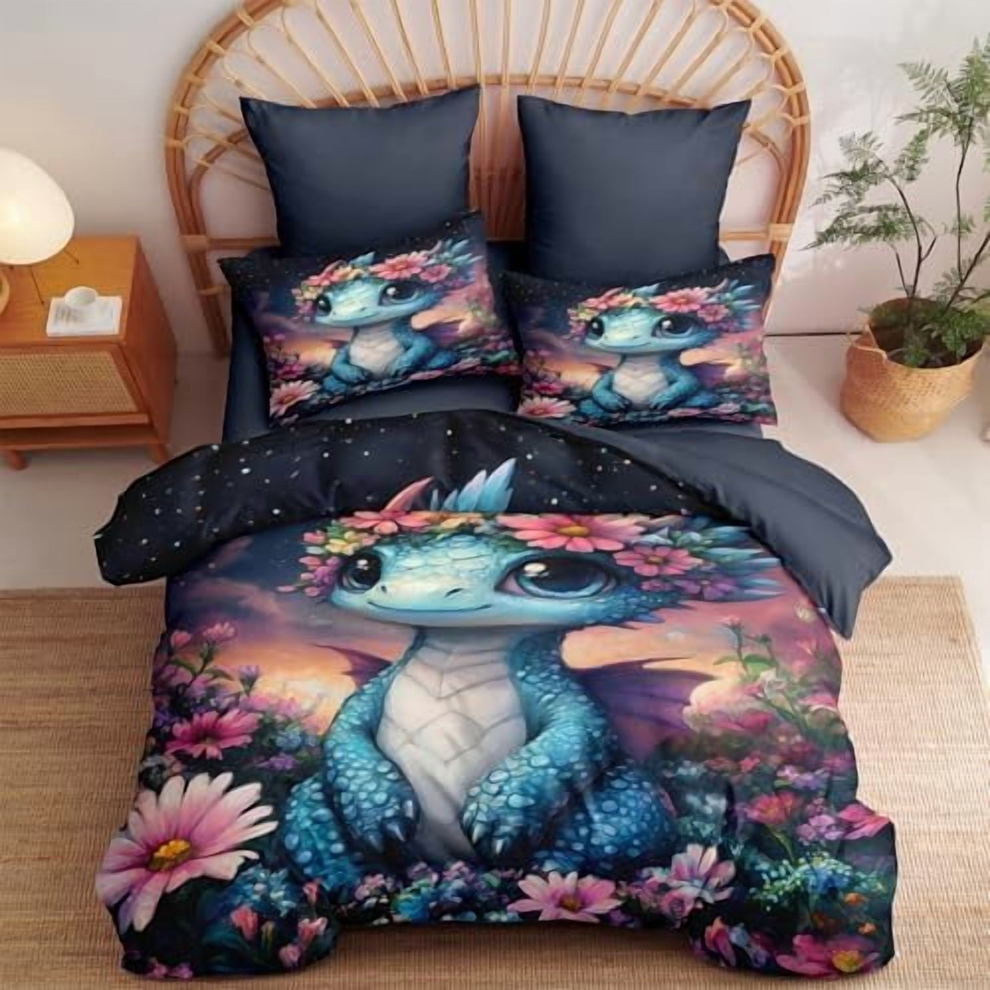 Blue Lovely Dragon Comforter Set Twin Size, Flower Bedding Set for ...