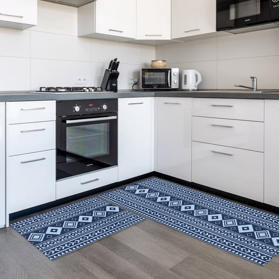 Blue Lozenge 2 Pieces Non-Slip Kitchen Mat Set, Coastal Geometric ...