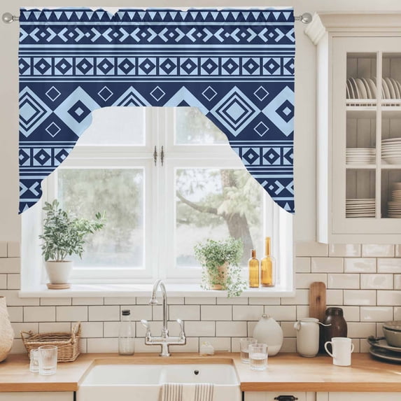 Blue Lozenge Swag Curtain Valance for Windows, Coastal Geometric ...