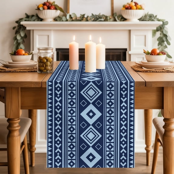 Blue Lozenge Table Runner, Coastal Geometric Striped Folk Farm Steel ...
