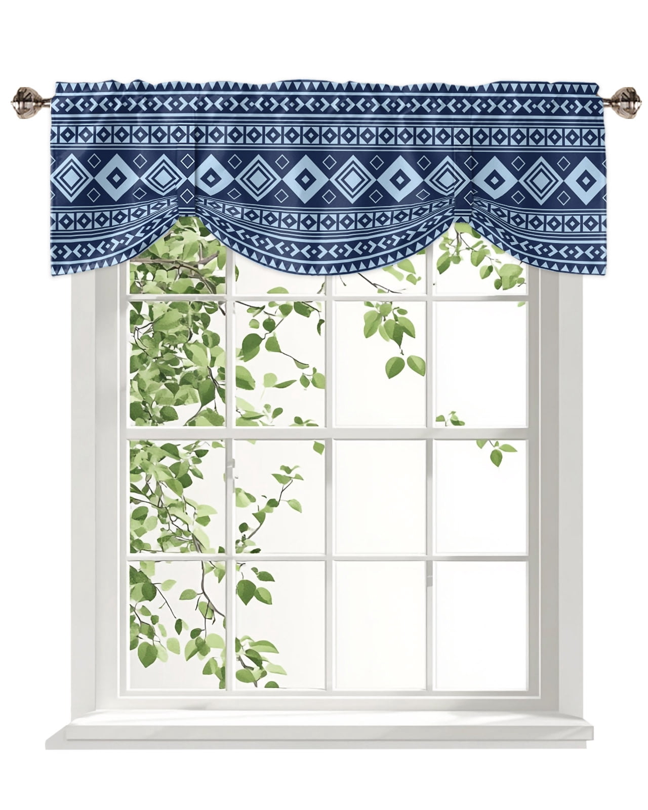 Blue Lozenge Tie Up Valances Curtain, Coastal Geometric Striped Folk ...