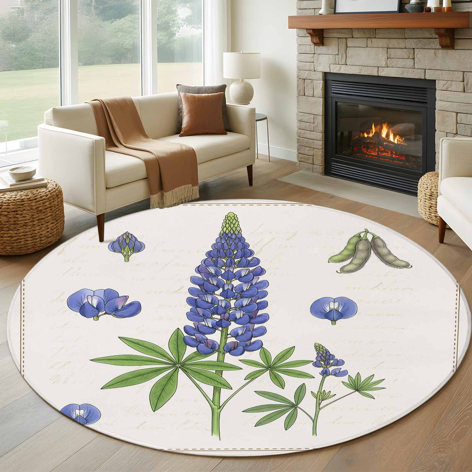 Blue Lupins 7' Round Rug for Living Room Conversation Area, Country ...