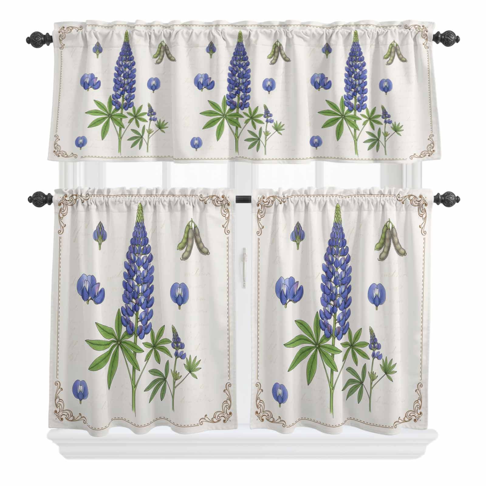 Blue Lupins Curtain Valances Set Country Pastoral Watercolor Flowers ...