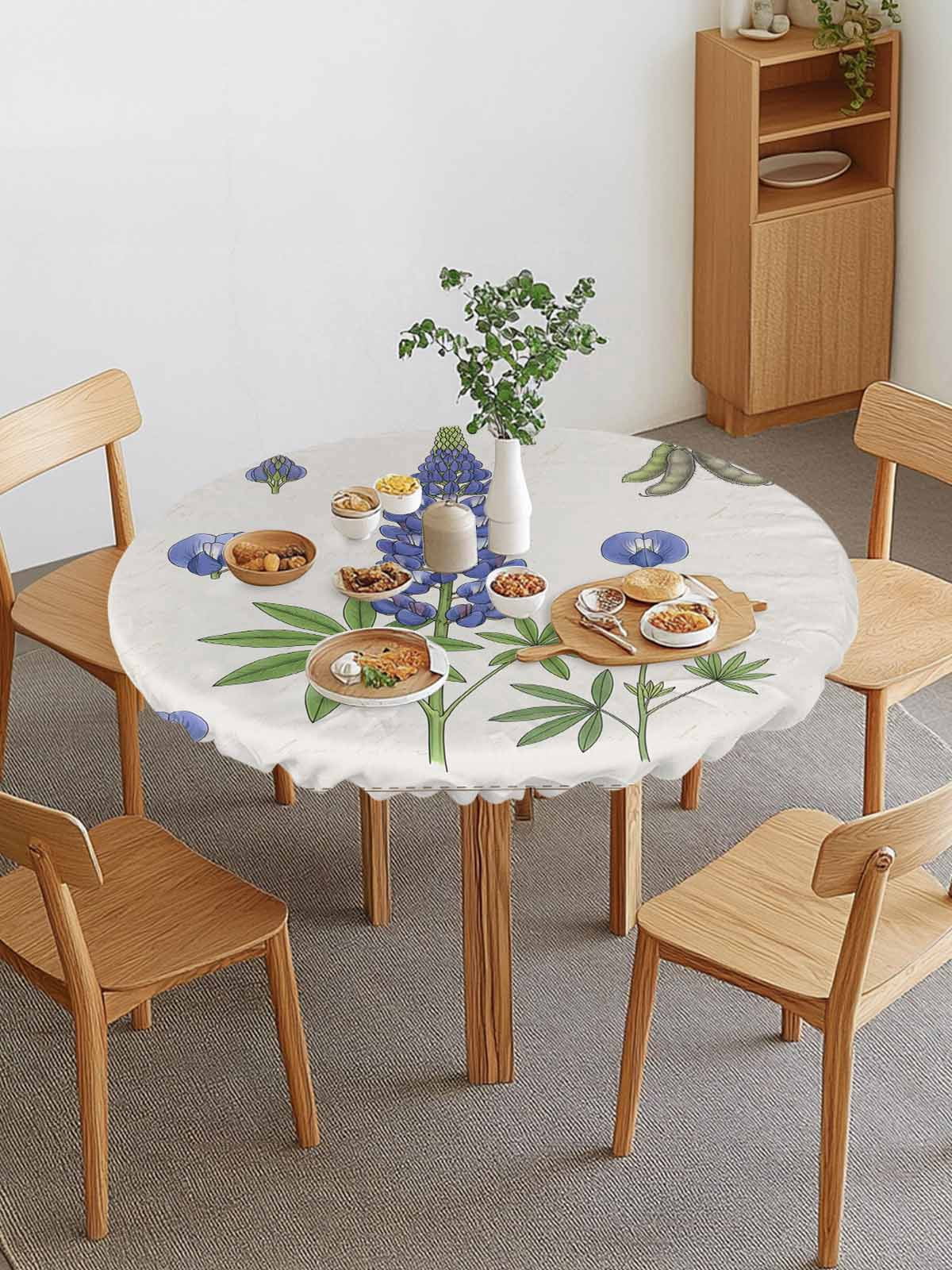 Blue Lupins Round Fitted Tablecloth with Elastic Edge, Country Pastoral ...
