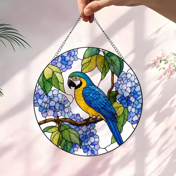 Blue Macaw Stained Glass Suncatcher, Tropical Parrot and Hydrangea ...