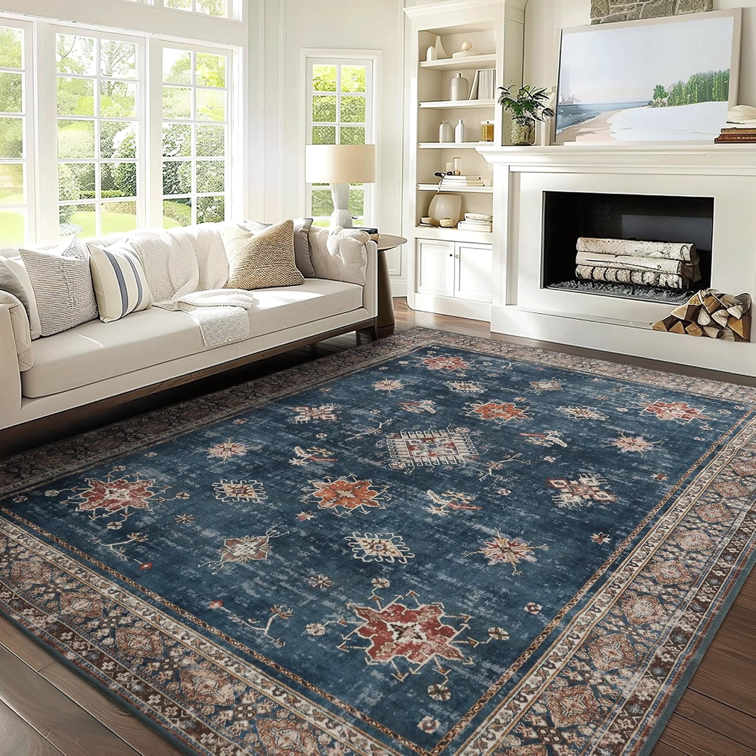 Blue Machine Washable Rug - 4 X 6 Ultra-Thin Non-Slip Vintage Trellis ...