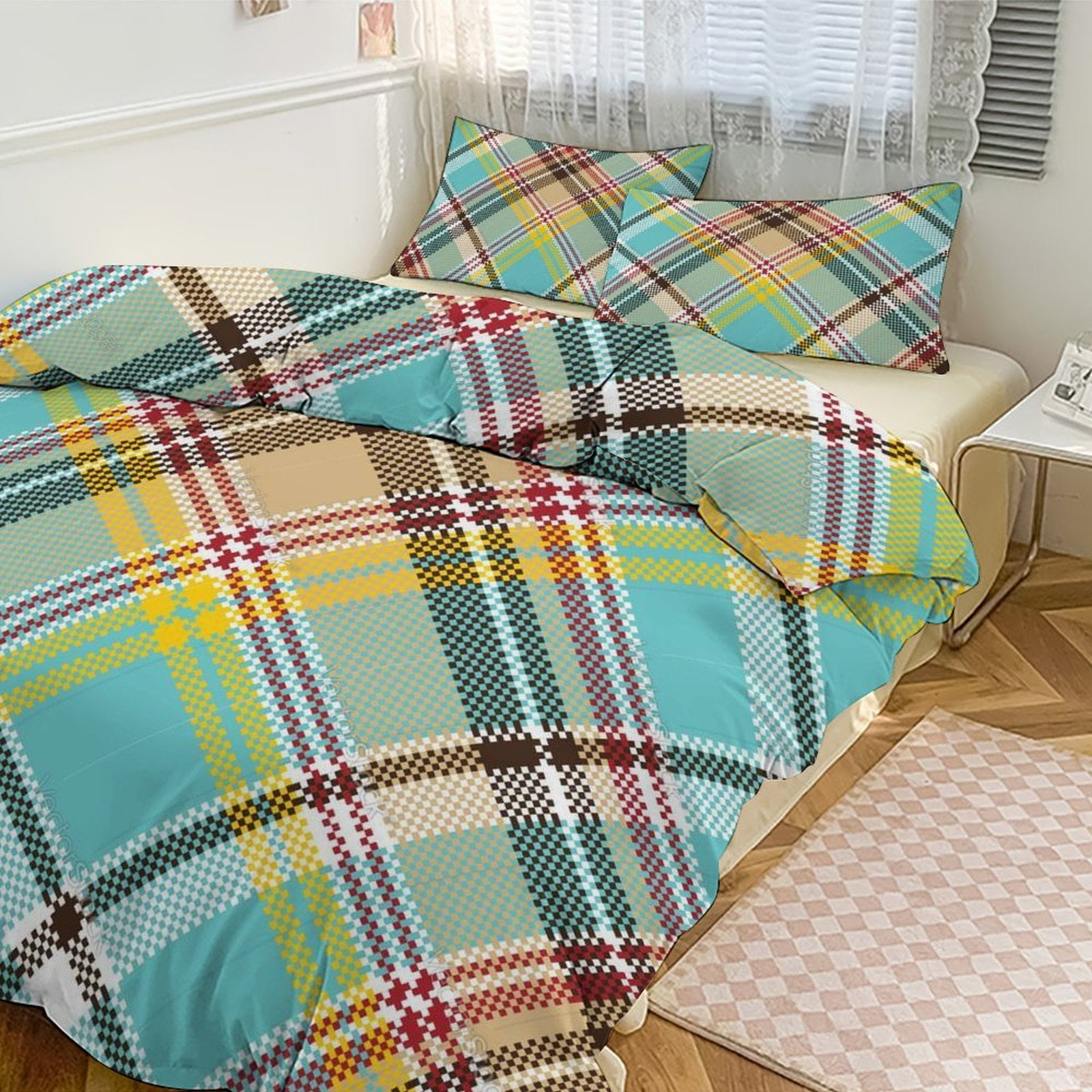 Blue Madras Pixel Texture Color Fabric Quilt Set 90"x90" Soft 3 Pieces ...