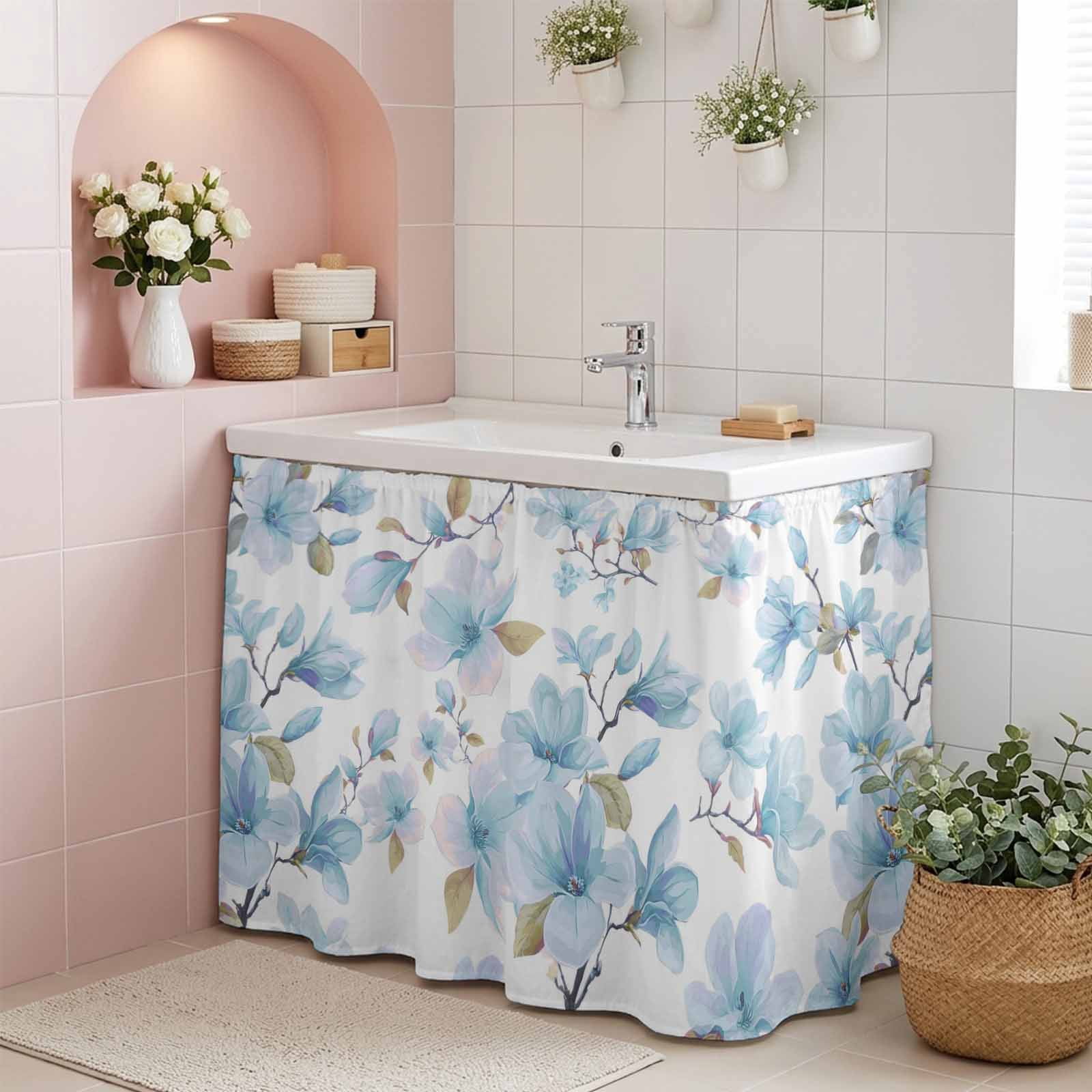 Blue Magnolia Flower Cabinet Curtains 35" W x 35" L, Watercolor Blue ...