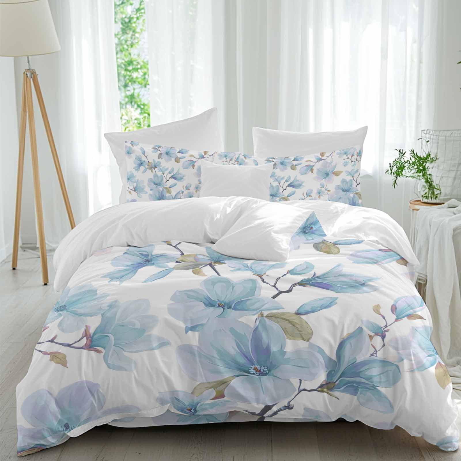 Blue Magnolia Flower Comforter Set California King Size, Watercolor ...