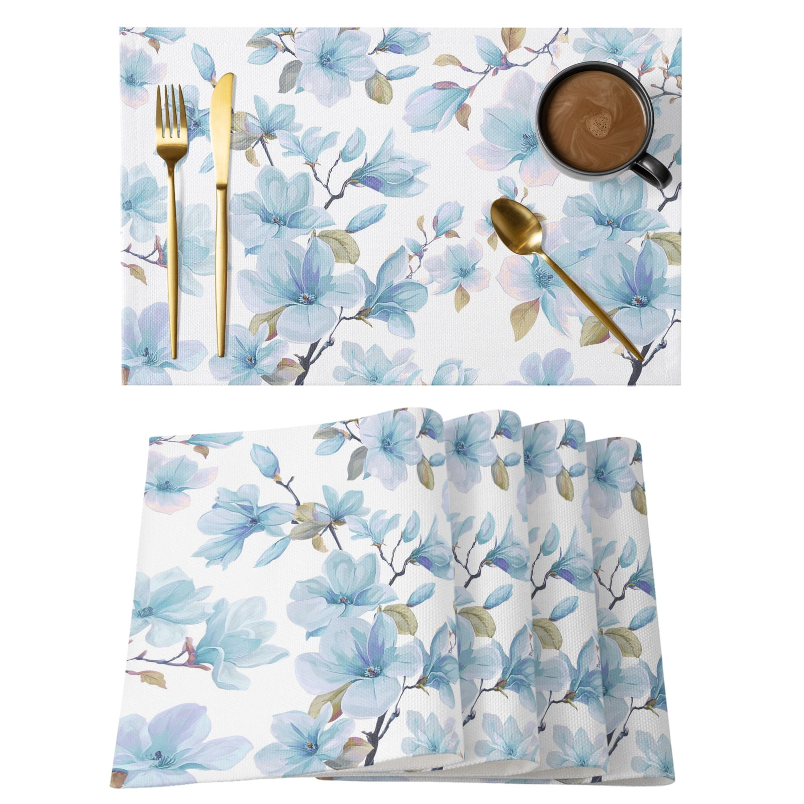 Blue Magnolia Flower Cotton Linen Placemats Set of 4, Watercolor Blue ...