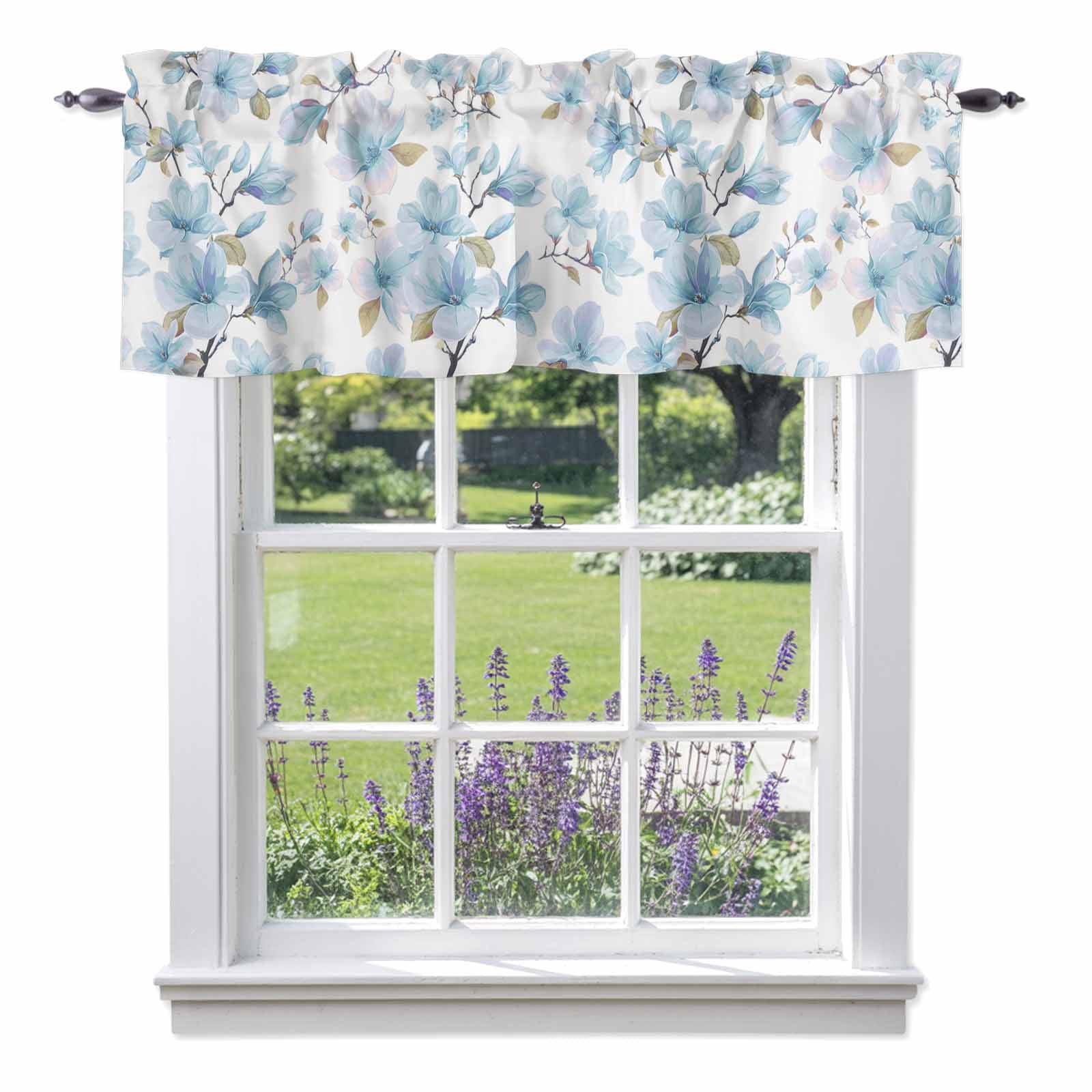 Blue Magnolia Flower Valances for Windows Watercolor Blue Floral Leaf ...