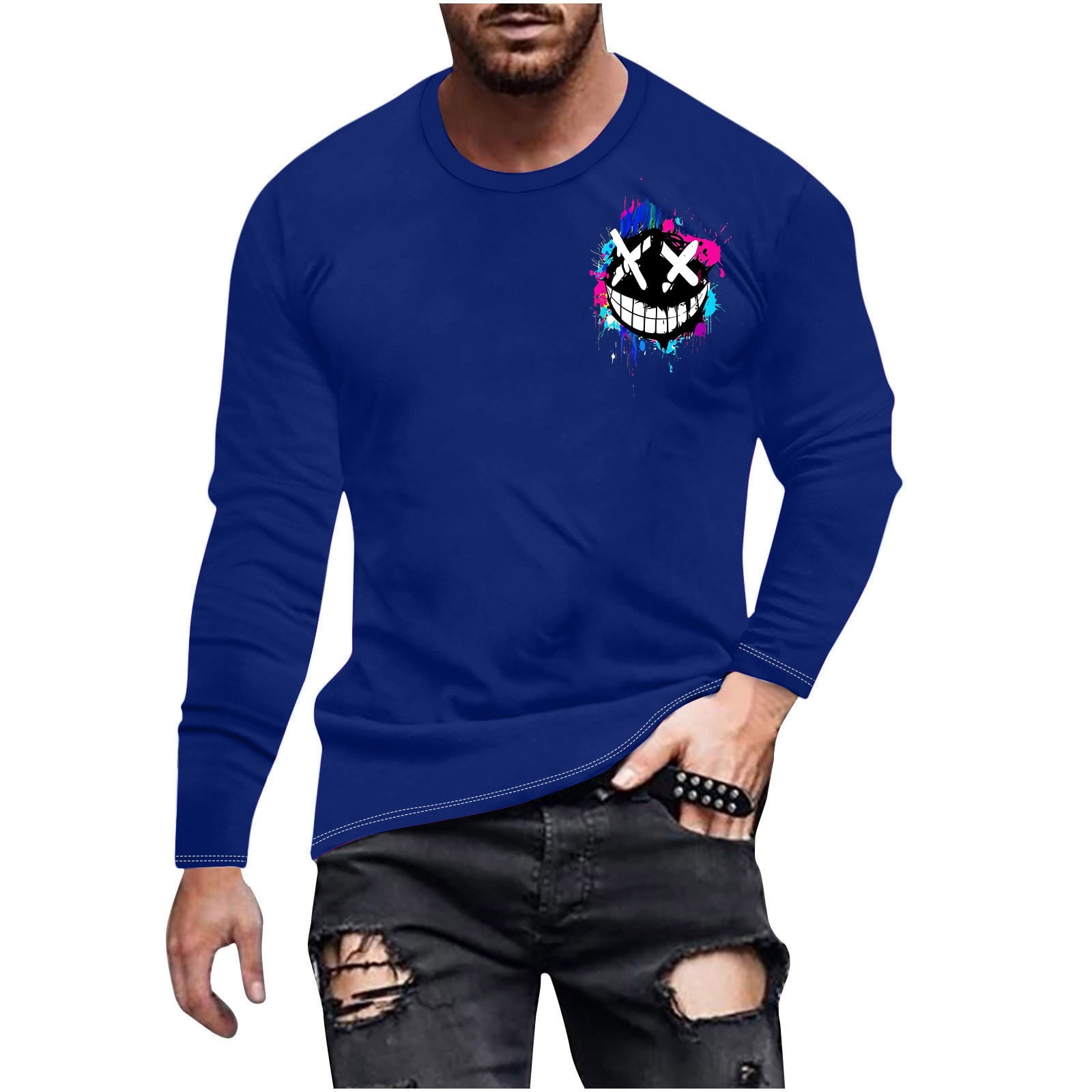 Blue Man Long Sleeve Tshirts Graphic Tops Tee for Man Crewneck Spandex ...