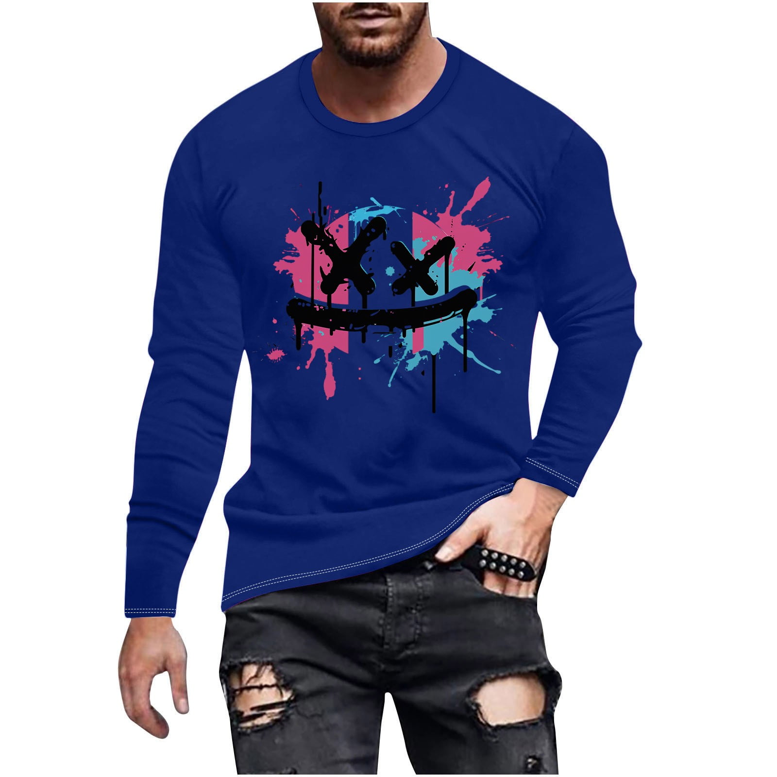 Blue Man Print T Shirts Boat Neck Spandex Tee Tops for Man Long Sleeve ...