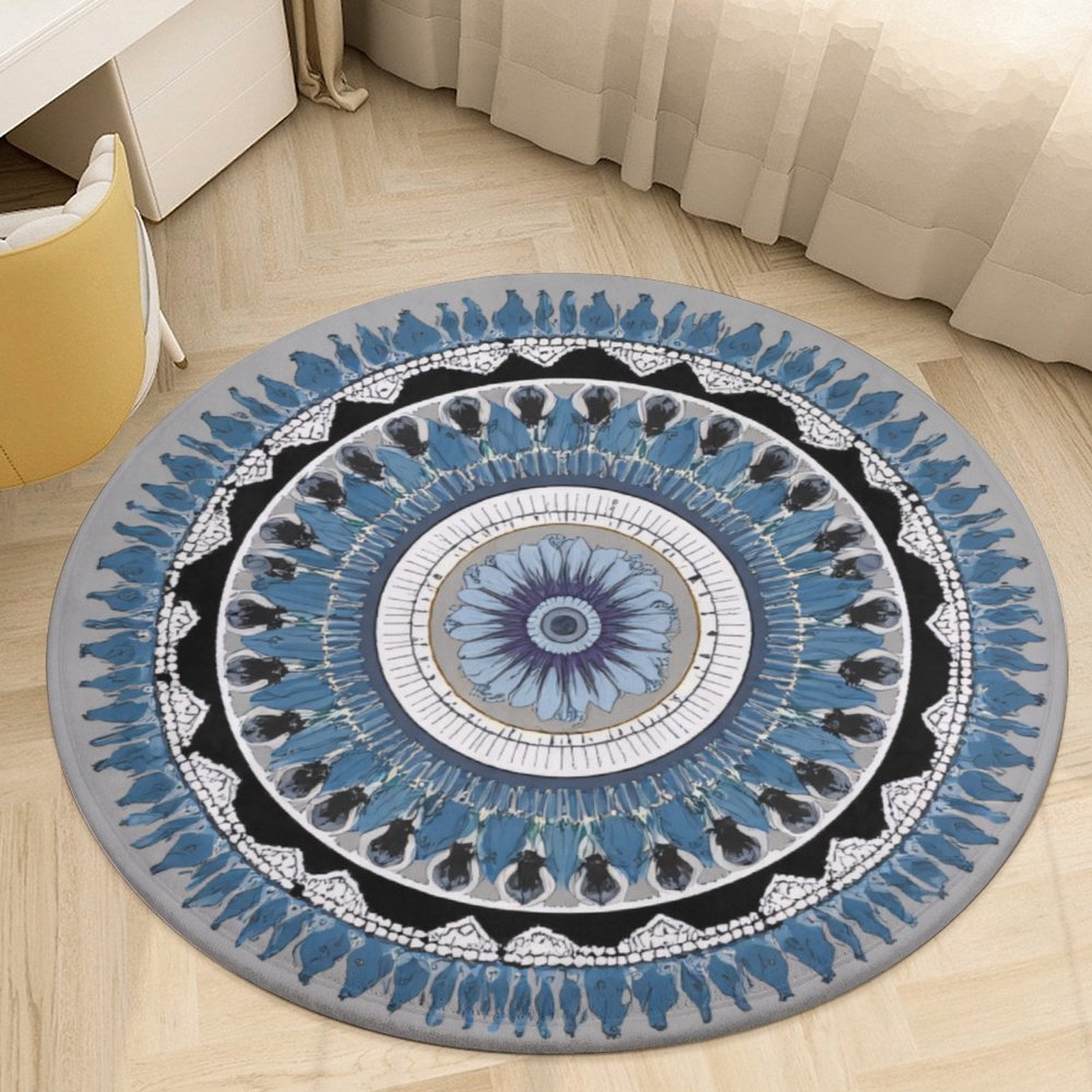 Blue Mandala Art Print Round Area Rugs for Bedroom Living Room, 5FT Soft Indoor Circle Carpets ...