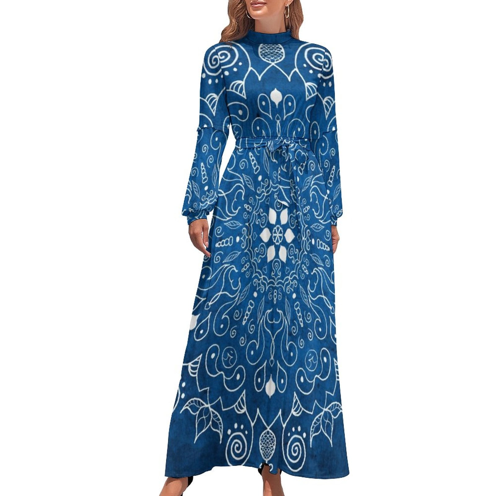 Blue Mandala Dress Retro Bohemia Print Elegant Maxi Dress Aesthetic ...