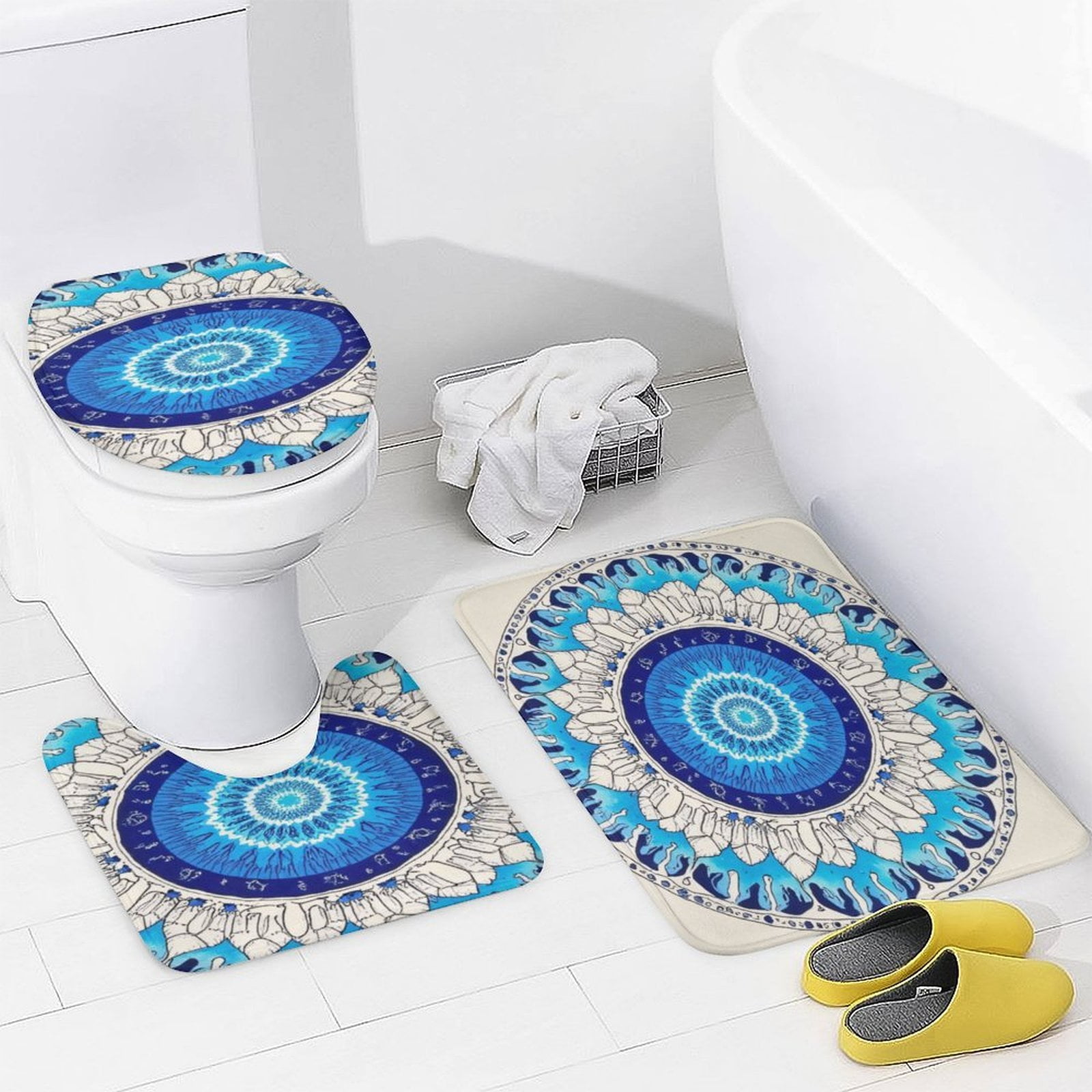 Blue Mandala Floral Art Print Bathroom Rugs Sets 3 Piece Toilet Lid ...