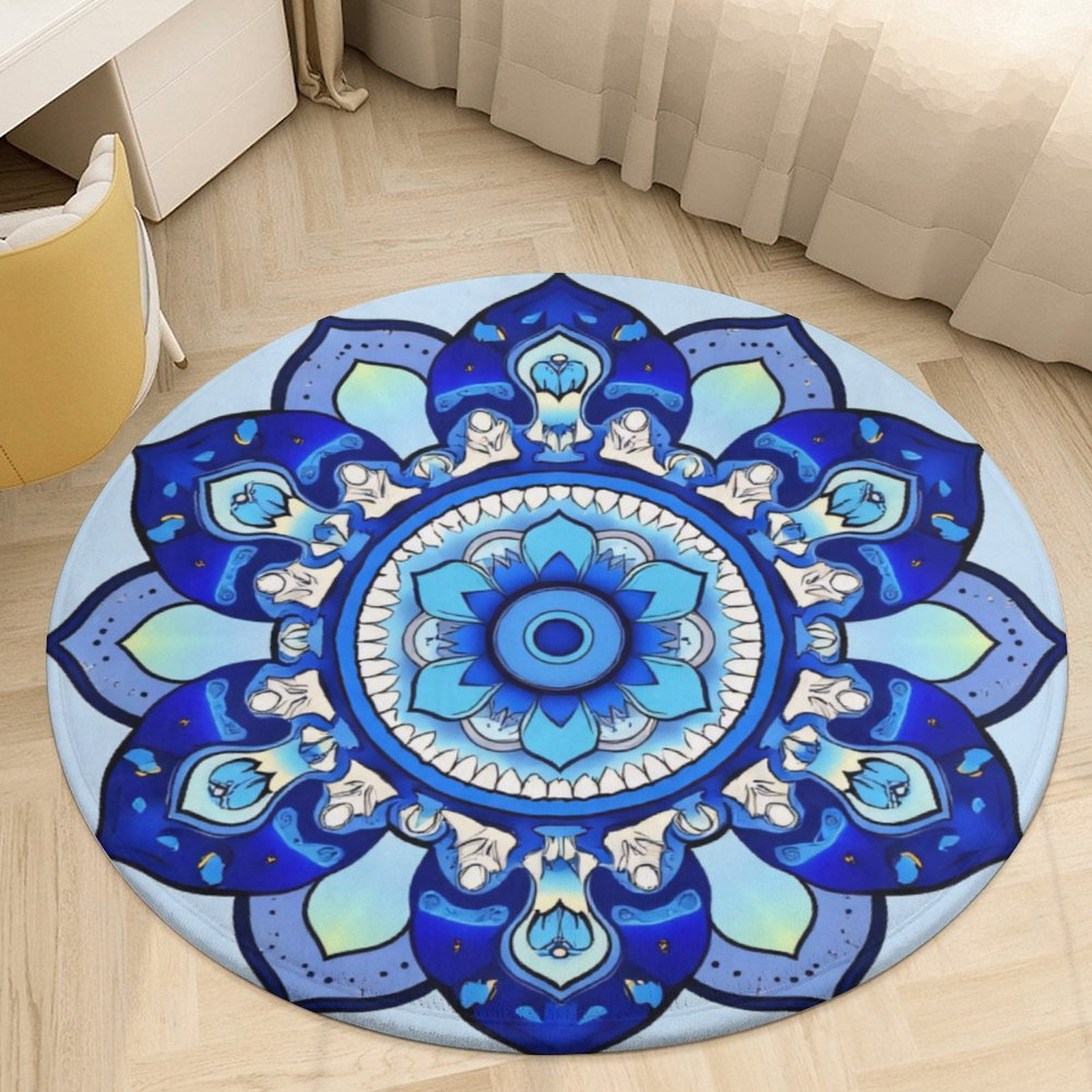 Blue Mandala Floral Design-1 Round Area Rugs for Bedroom Living Room ...