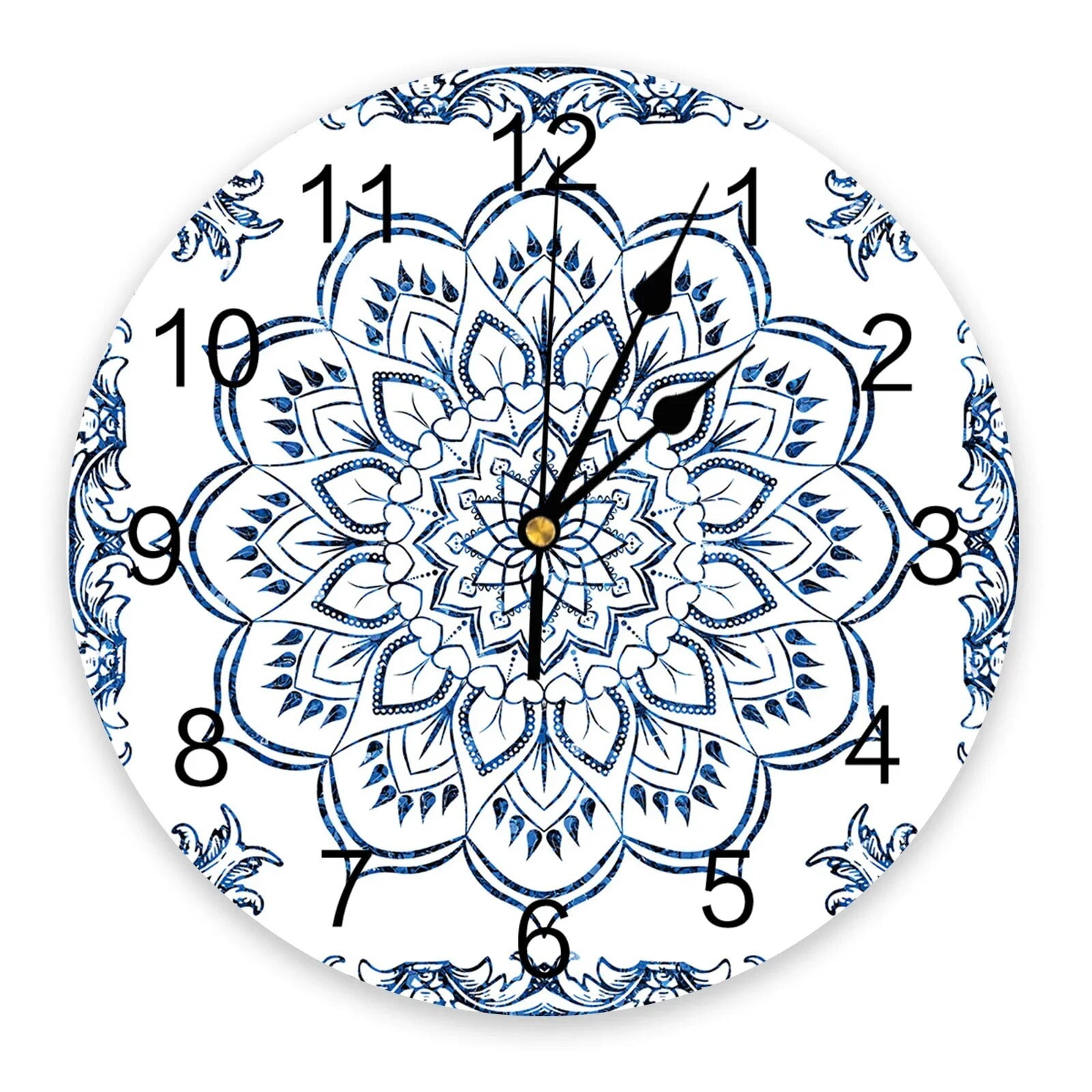 Blue Mandala Flowers Decorative Round Wall Clock Arabic Numerals Design ...