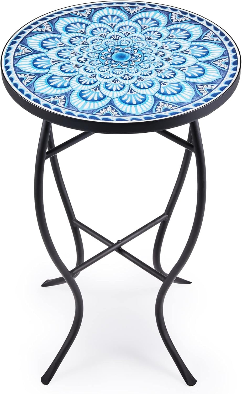 Blue Mandala Mosaic Side Table and Plant Stand, 21" Round End Table with 14" Ceramic Tile Top ...