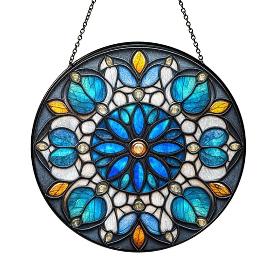 Blue Mandala Stained Glass Suncatcher with Symmetrical Geometric Design ...