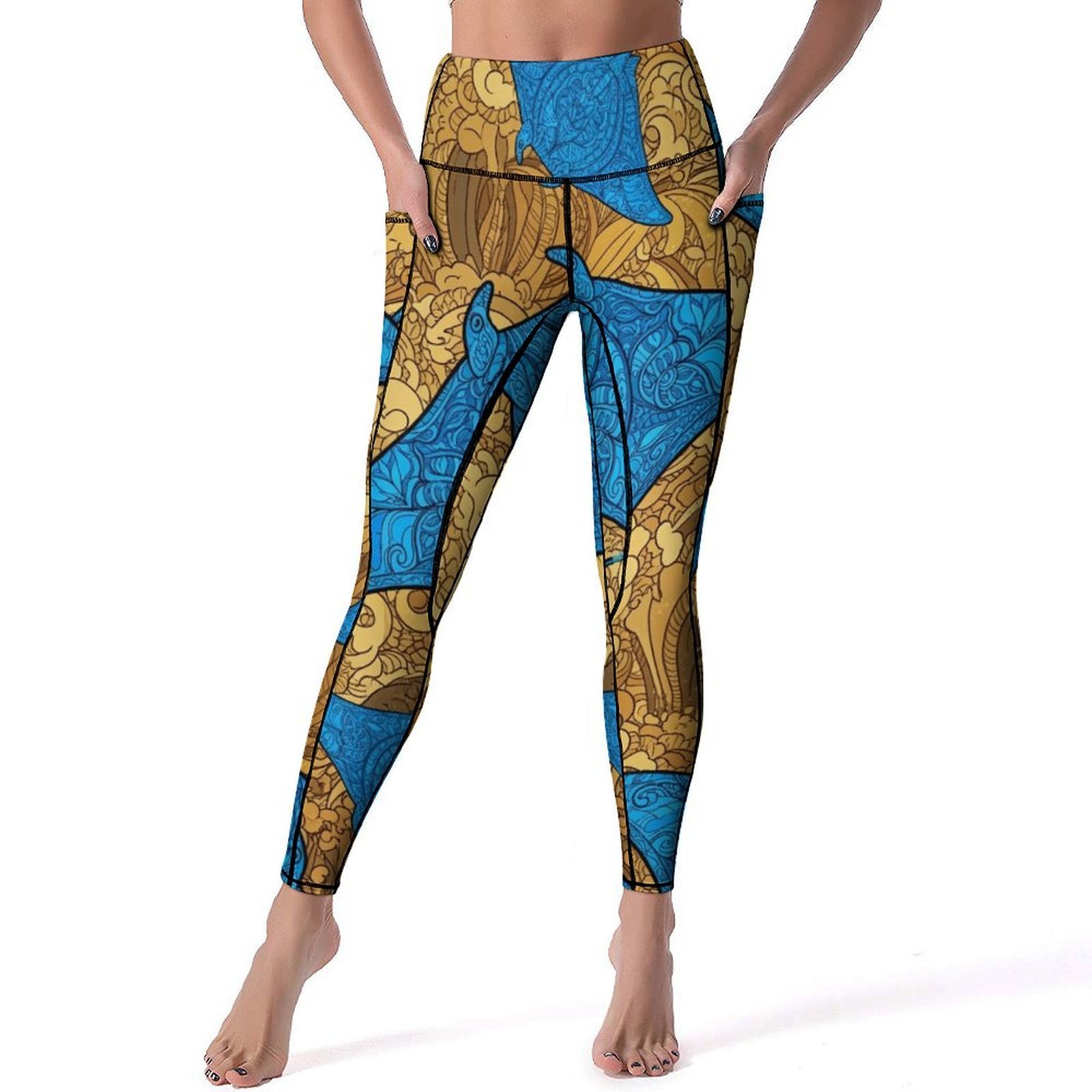 Blue Manta Ray Pattern Leggings Fitness Gym Yoga Pants High Waist ...