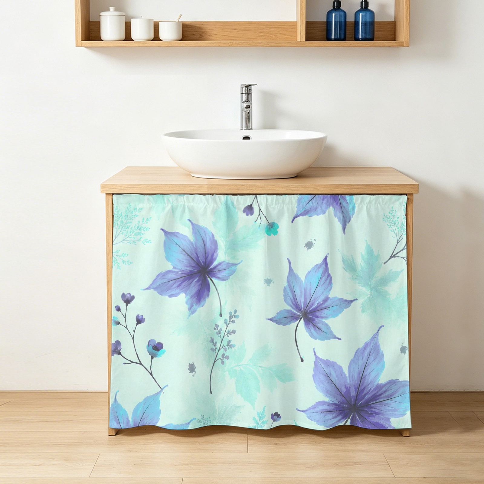 Blue Maple Leaf Cabinet Curtains 11" W x 13" L, Fall Small Berry Stems ...