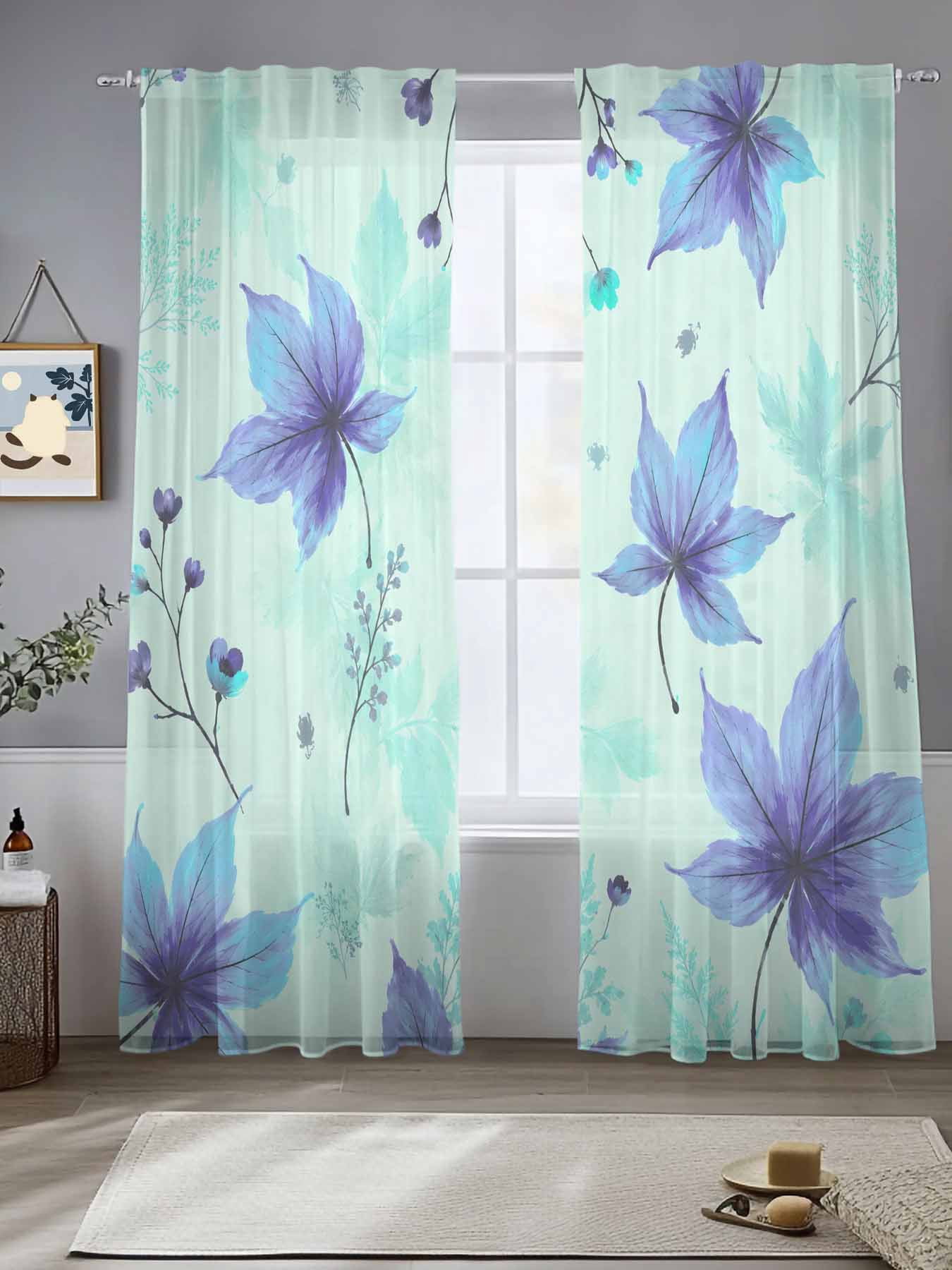 Blue Maple Leaf Sheer Curtains 84 inches Long, Fall Small Berry Stems ...