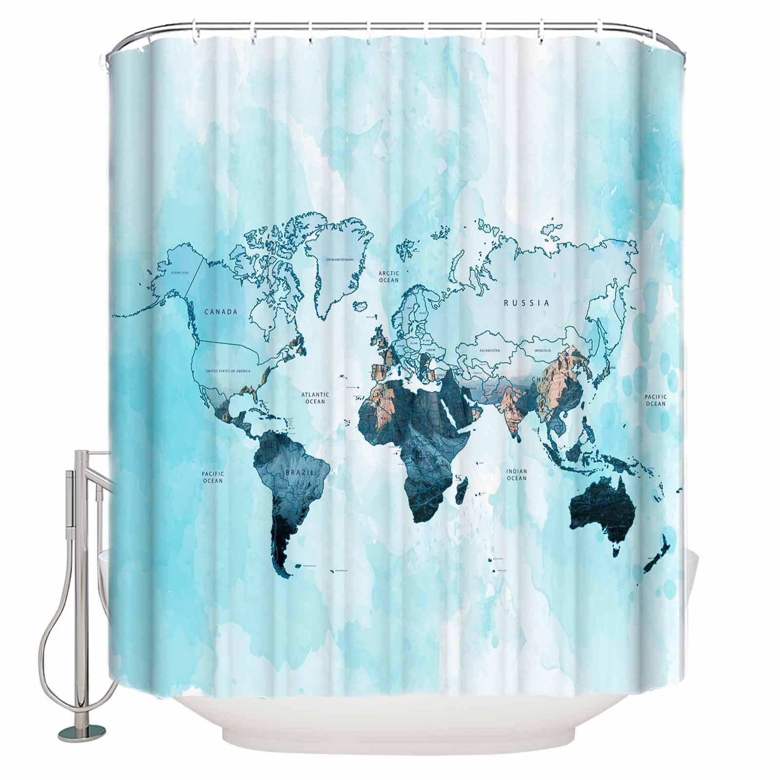 Blue Maps Bathroom Shower Curtains with 12 Hooks Polyester Waterproof ...